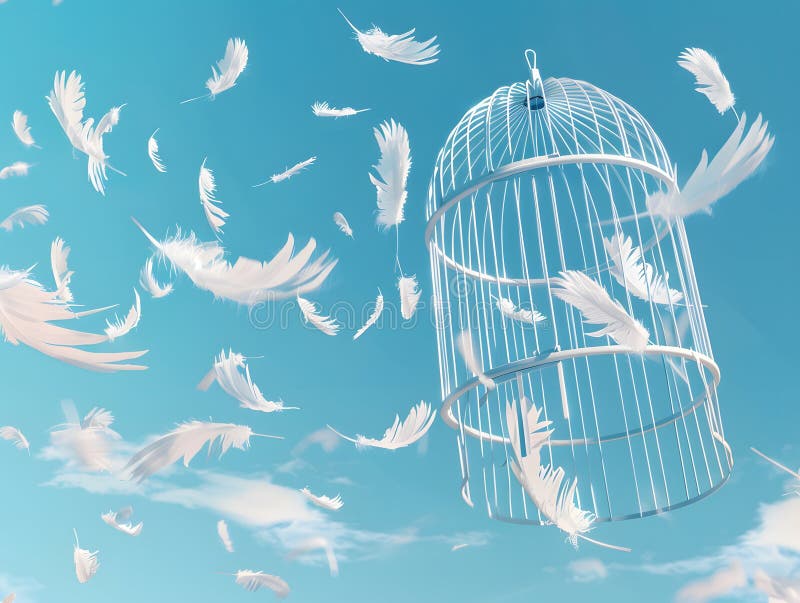 Open Bird Cage Flying with Feathers Stock Illustration - Illustration ...