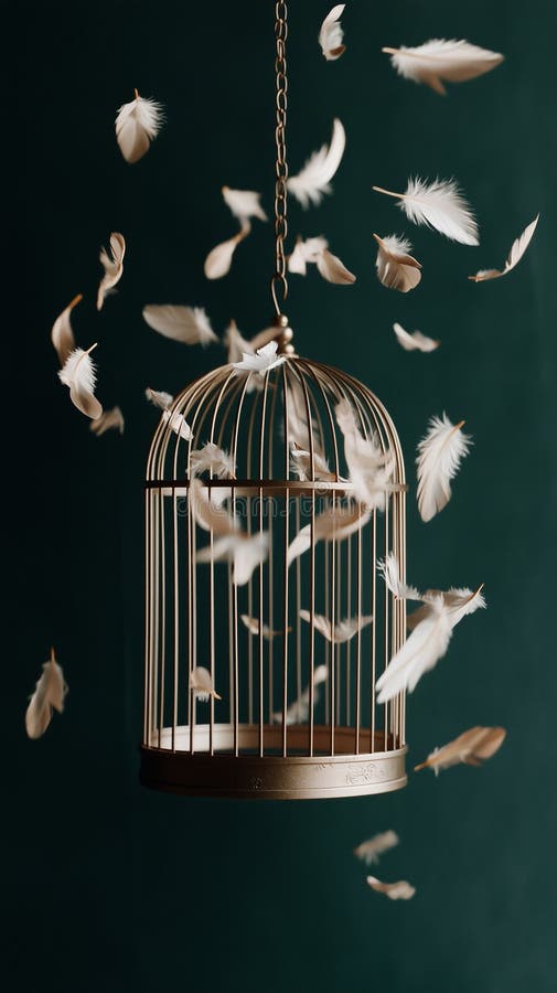 Open Birdcage with Feathers - Symbol of Freedom and Release Stock ...