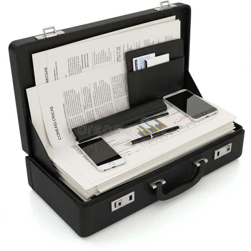 An Open Black Briefcase Filled with Organized Documents, Including ...
