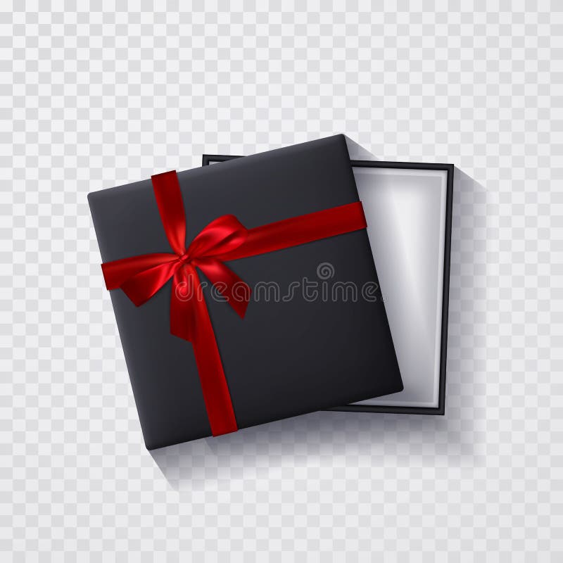 Open Black Empty Gift Box with Red Bow and Ribbon on Dark Background ...