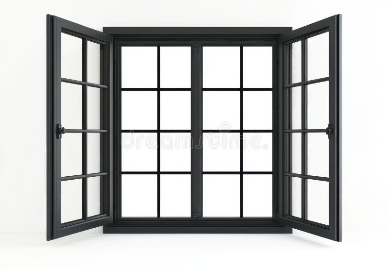 Open Black Window with Multiple Panes Against White Background Stock ...