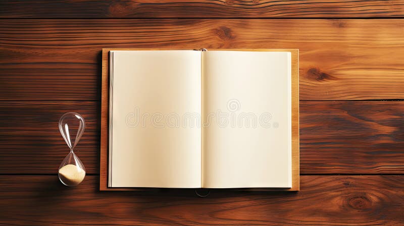 An Open Blank Book Alongside an Hourglass on a Wooden Table, Concept of ...