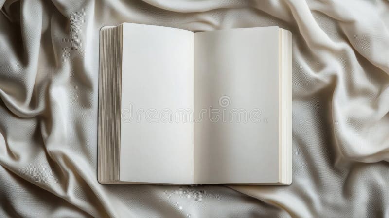 Open Blank Book Displayed on Beige Silk Fabric in Soft Lighting Style ...