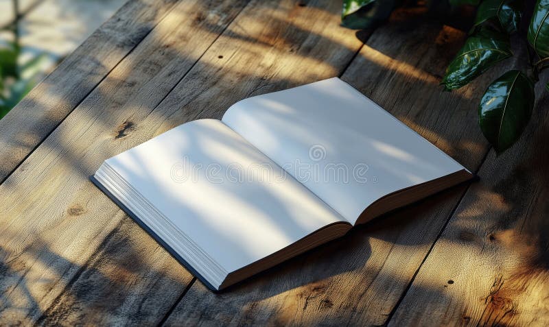 Open Blank Book on Wooden Table with Natural Light and Shadows from ...