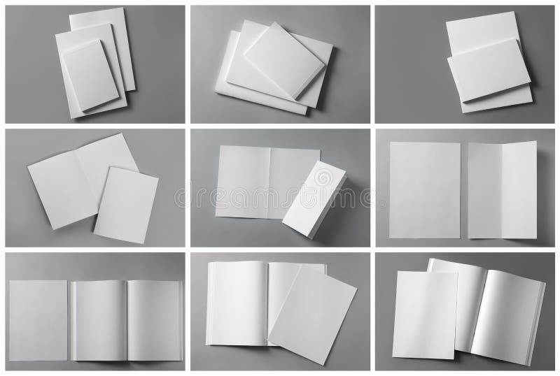 Open Blank Brochures on Grey Background, Top View. Collage Stock Image ...