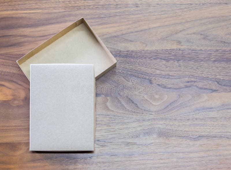 Open Blank Brown Box on Wood Table Stock Photo - Image of present ...