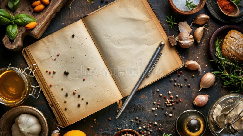 An Open Blank Cookbook with a Pen and Ingredients Scattered Around ...