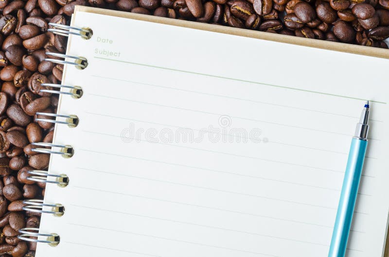 Open Blank Diary Pages and Pen with Plant Pot on Blue Wood Table Stock ...