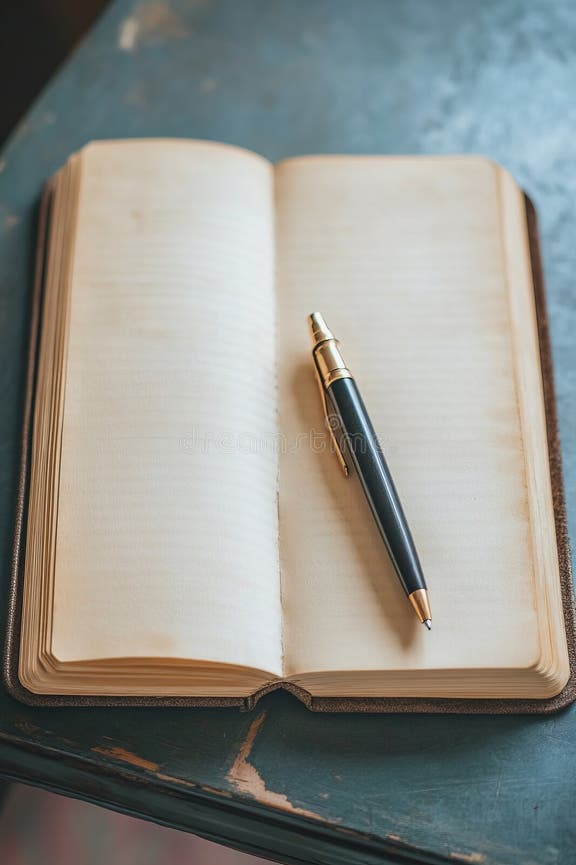 Open Blank Journal with Pen on Rustic Table, Ready for Writing, Journaling Stock Illustration ...