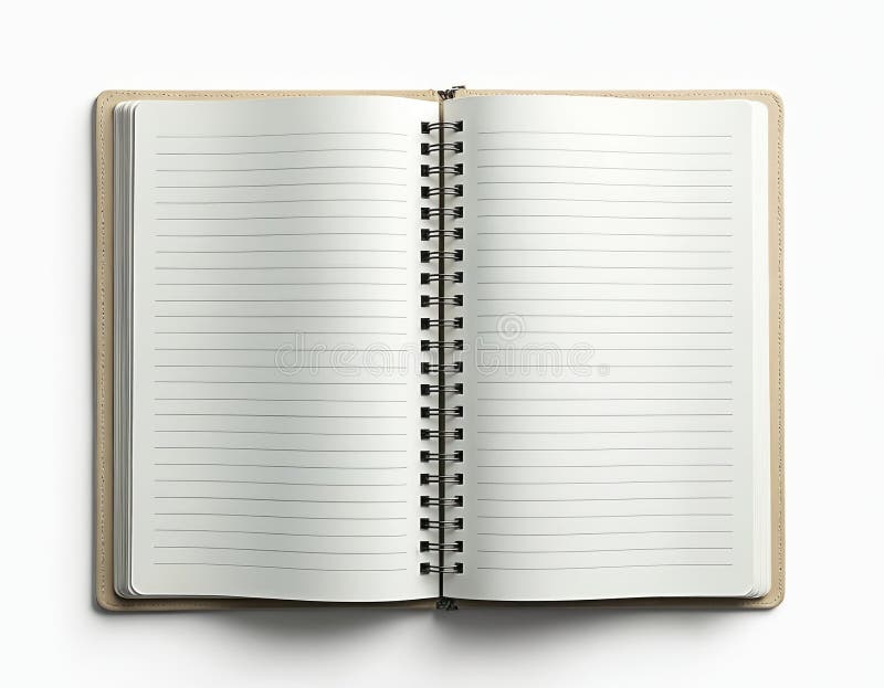 Open Blank Notebook with Lined Paper on White. the Design Includes Cream Leather Cover, Spiral ...