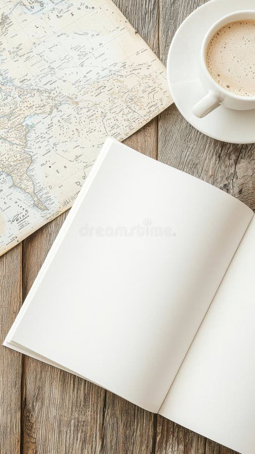 Open Blank Notebook with a Map and a Cup of Coffee on a Rustic Wooden ...