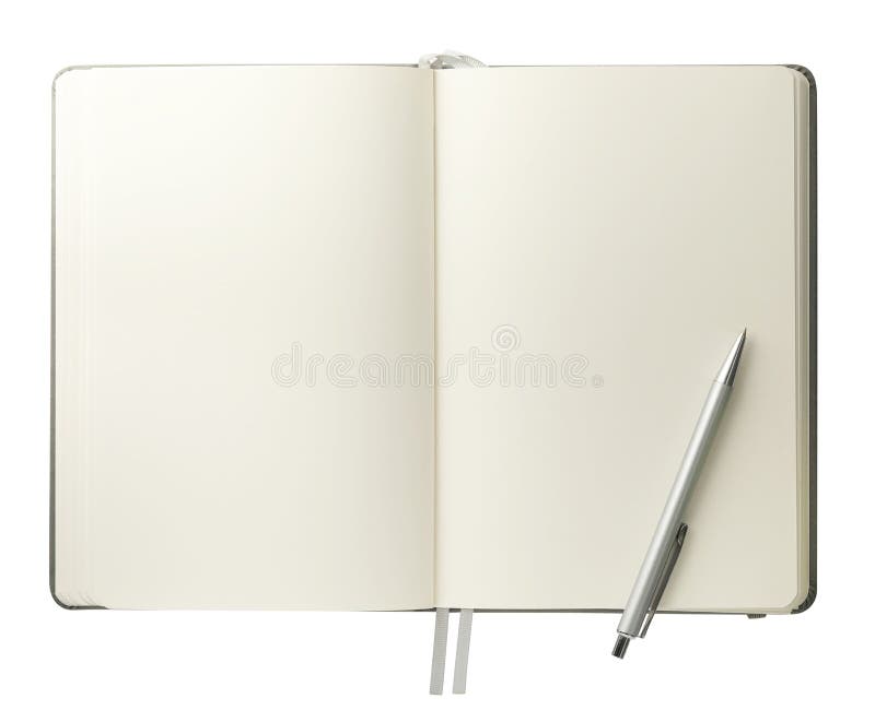 Open Blank Notebook with Pen Isolated on White, Top View Stock Photo ...