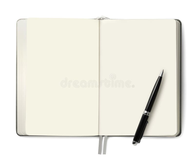 Open Blank Notebook with Pen Isolated on White, Top View Stock Photo ...