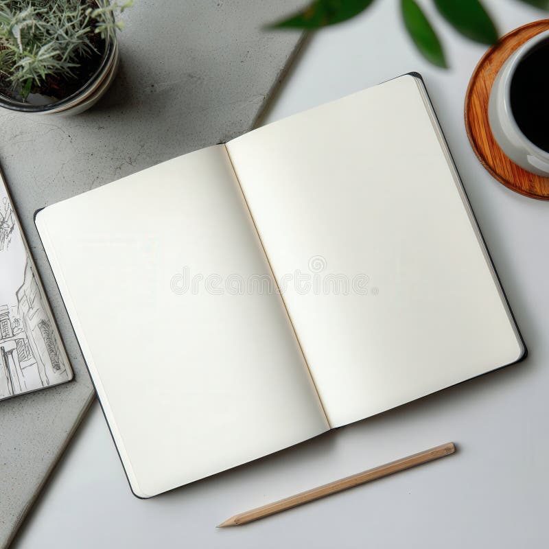 Open Blank Notebook with Pencil on Clean Workspace Stock Illustration ...