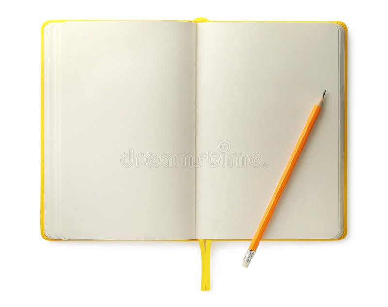 Open Blank Notebook with Pencil Isolated on White, Top View Stock Photo ...