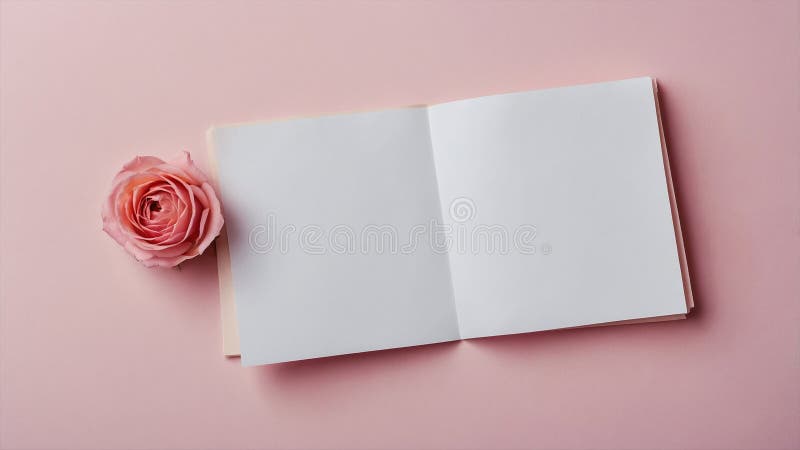 Open Blank Notebook with Pink Rose on a Pastel Background Stock ...
