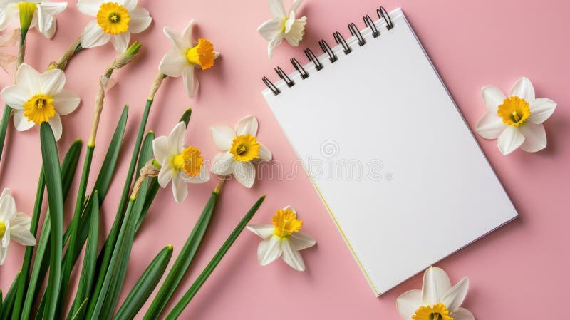 Open Blank Notebook Surrounded by Fresh Daffodils on a Pink Background ...