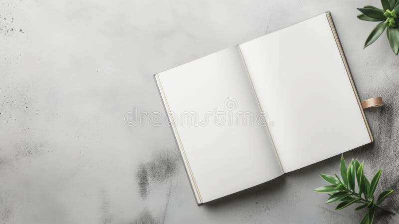 Open Blank Notebook on a Textured Surface with Green Plants. Minimalist ...