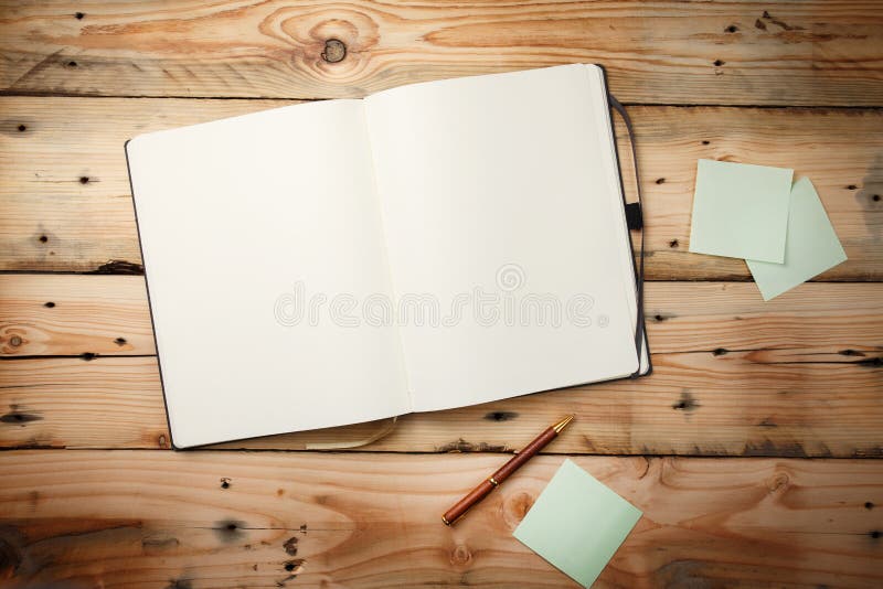 Open Blank Notepad Laying on a Wooden Ta Stock Image - Image of brown ...