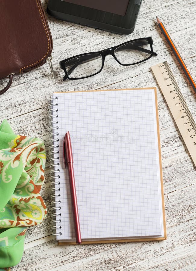Open a Blank Notepad, Pen, Glasses, Handbag and Scarf Stock Photo ...