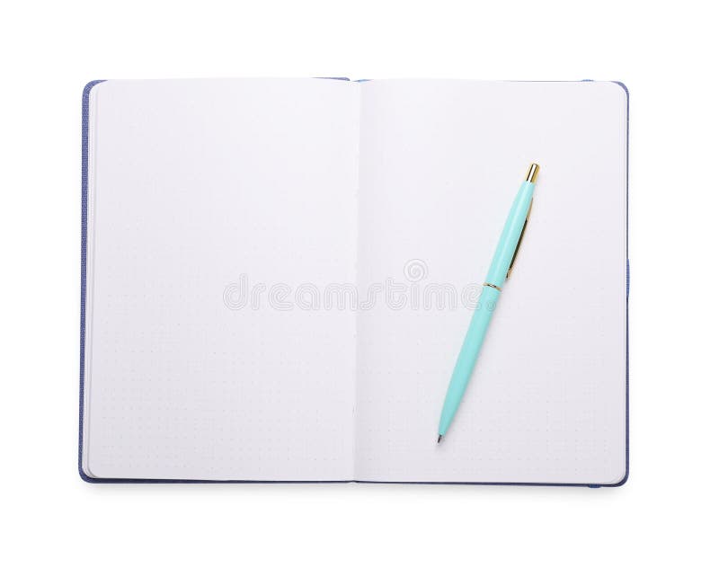 Open Blank Office Notebook and Pen Isolated on White, Top View Stock ...