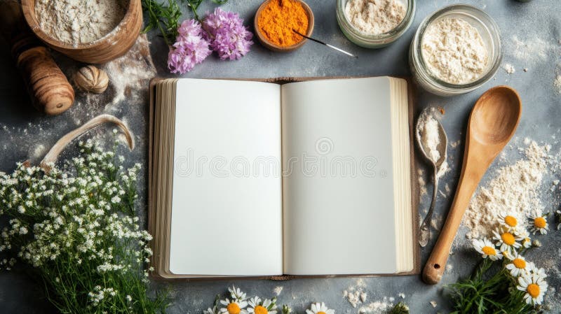 Open Blank Recipe Book on a Rustic Table with Flowers and Baking ...