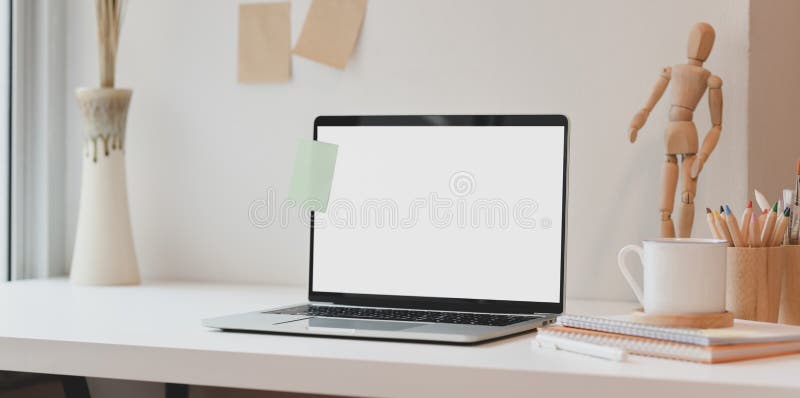 Open Blank Screen Laptop with Sticky Note Note and Office Supplies ...