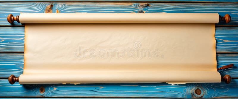 An Open Blank Scroll on a Blue Rustic Wooden Table Stock Image - Image ...