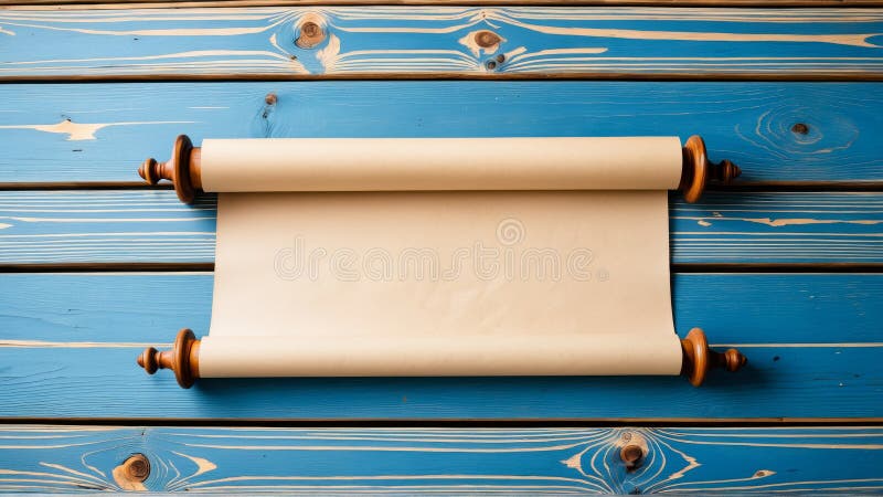 Open Blank Scroll on Blue Rustic Wooden Table. Stock Photo - Image of ...