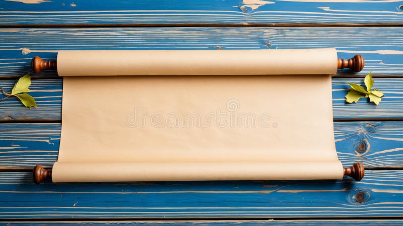 Open Blank Scroll on Blue Rustic Wooden Table. Stock Photo - Image of ...