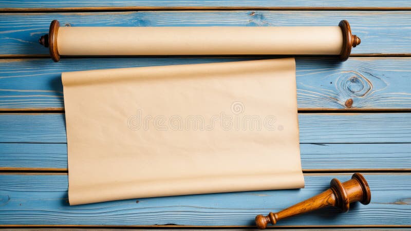 Open Blank Scroll on Blue Rustic Wooden Table. Stock Image - Image of ...