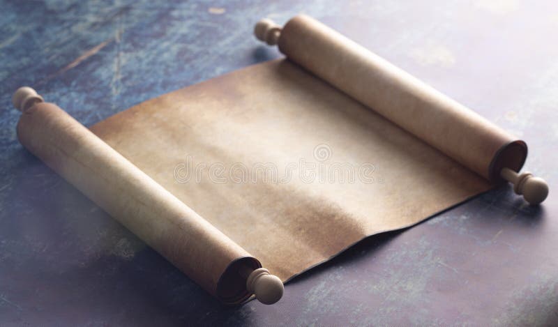 Open Blank Scroll on a Blue Rustic Wooden Table Stock Image - Image of ...