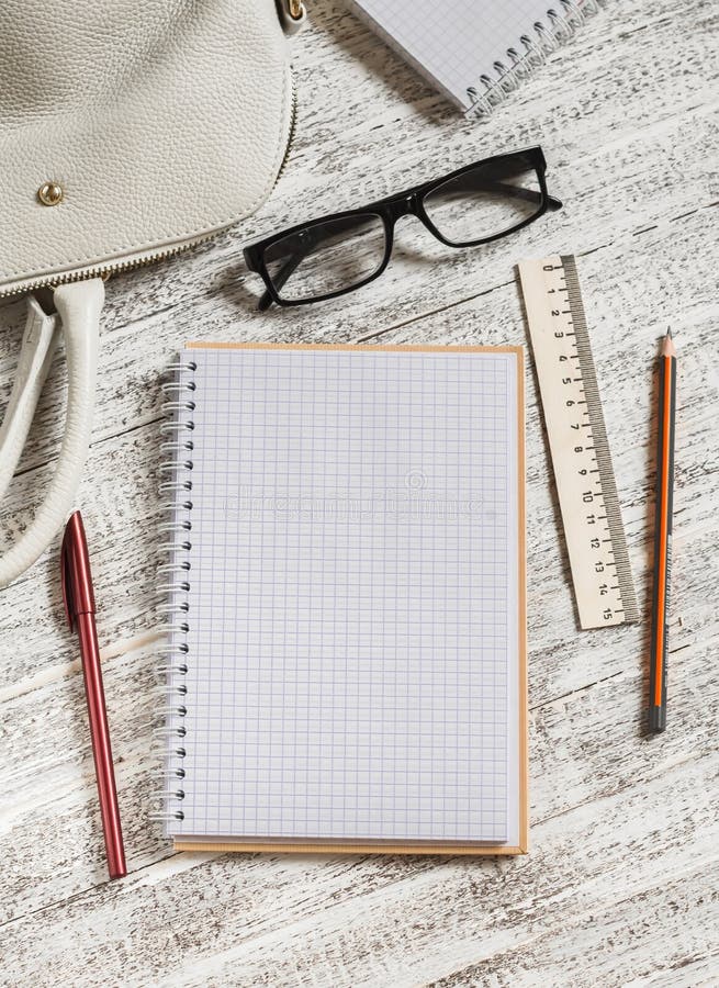 Open a Blank White Notebook, Pen, Women S Bag, Ruler, Pencil Stock ...