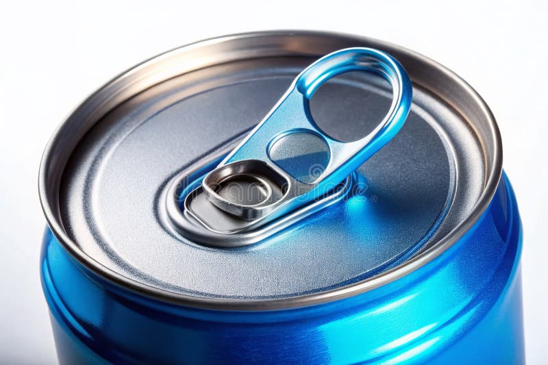 Open Blue Aluminum Beverage Can with Silver Pull Tab on a White ...