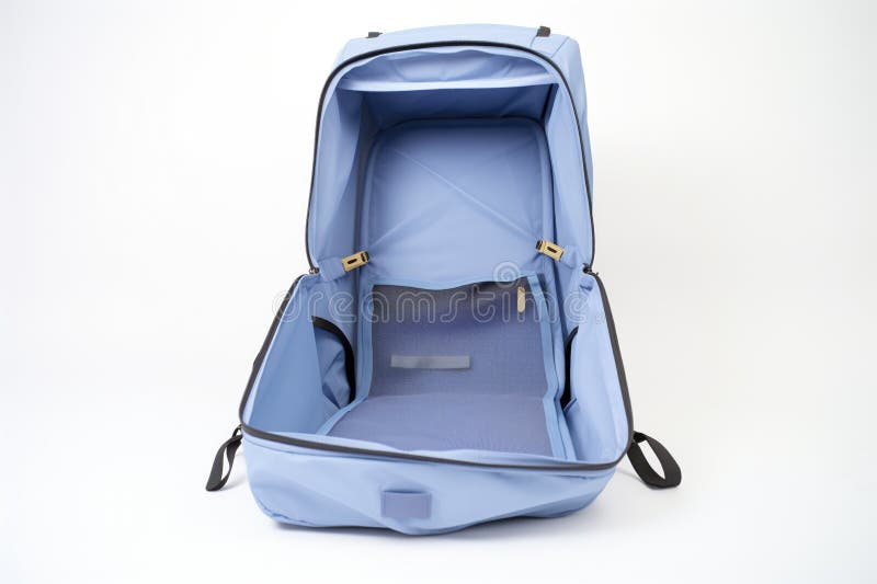 Open Blue Backpack Revealing Empty Interior, White Backdrop Stock Photo ...