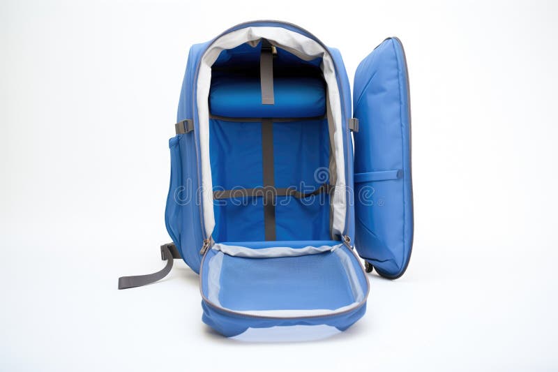 Open Blue Backpack Revealing Empty Interior, White Backdrop Stock Photo ...