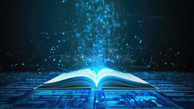 Open Blue Book with Digital Elements Stock Photo - Image of ...