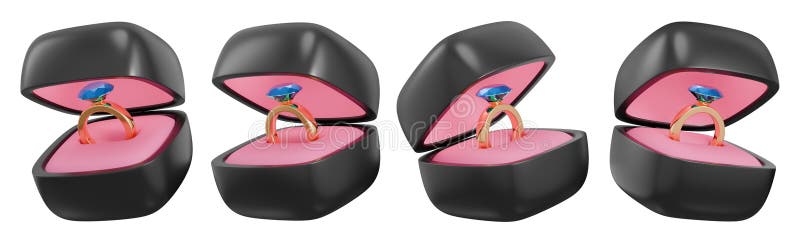 Open Blue Box with a Diamond Engagement Ring. Golden Wedding Ring. 3D ...