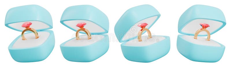 Open Blue Box with Engagement Ring in Different Positions. Wedding Ring ...