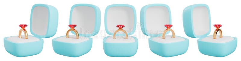Open Blue Box with Engagement Ring. Wedding Ring with Ruby. 3D ...