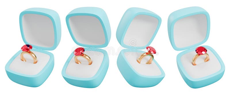 Open Blue Box with a Ruby Engagement Ring. Golden Wedding Ring. 3D ...