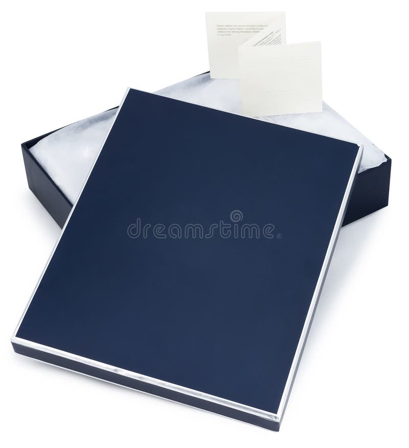 Open Blue Gift Box with Note Isolated on White Background Stock Image ...