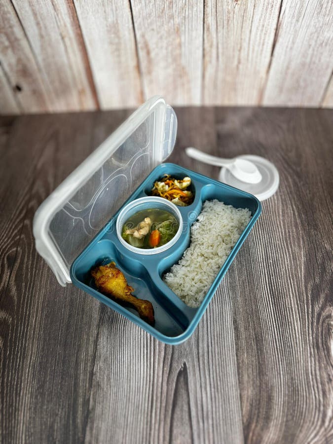 Open Blue Lunch Box with a Complete Meal Stock Image - Image of ...