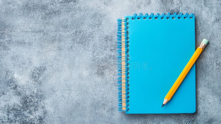 Open Blue Notebook on Grey Backdrop with Pencil, Spiral Bound School ...