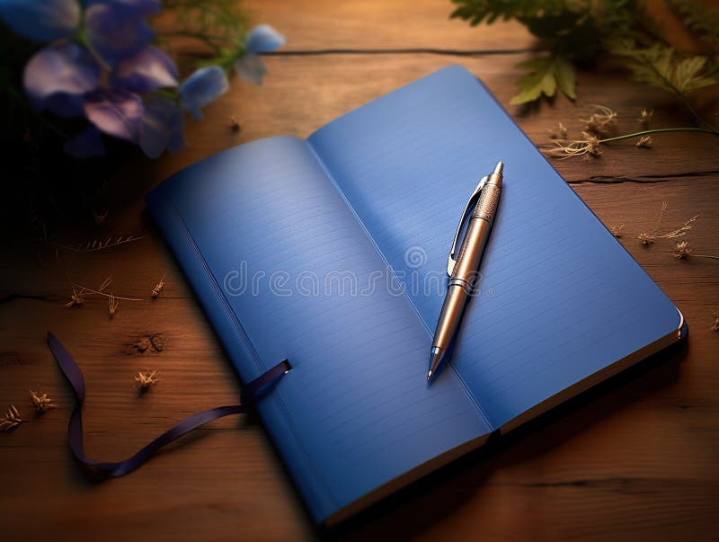 Open Blue Notebook with Metallic Pen on Wooden Table. Generative AI ...