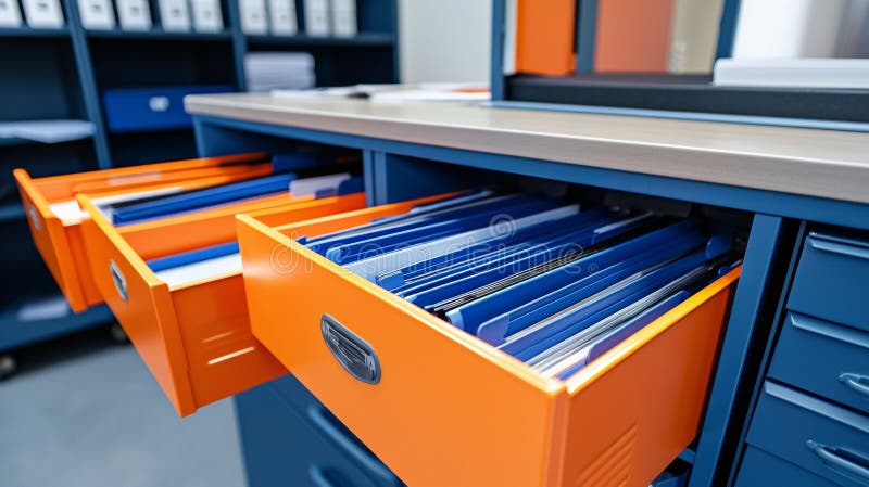 Open Blue Orange Drawers of Filing Cabinets for Storing Data, Archives ...