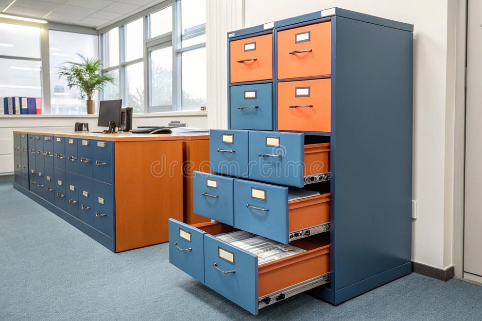 Open Blue Orange Drawers of Filing Cabinets for Storing Data, Archives ...