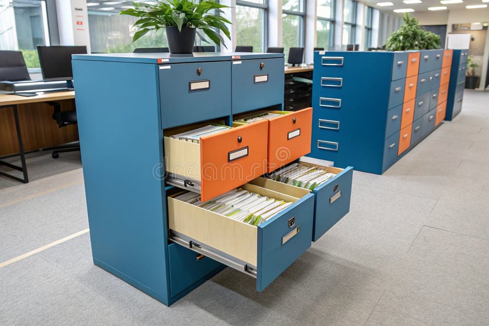 Open Blue Orange Drawers of Filing Cabinets for Storing Data, Archives ...