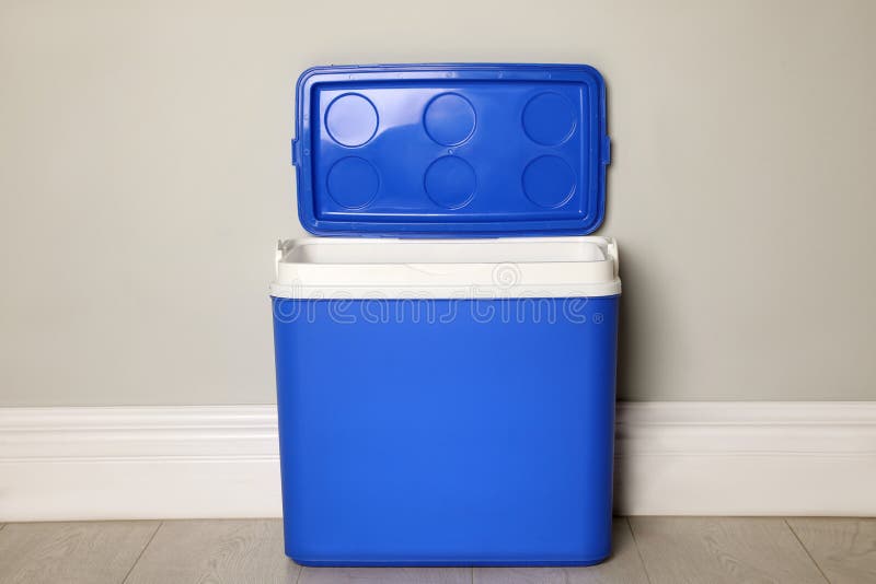 Open Blue Plastic Cool Box Near Light Grey Wall Indoors Stock Photo ...