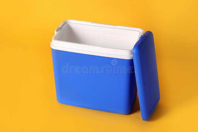 Open Blue Plastic Cool Box on Orange Background Stock Photo - Image of ...